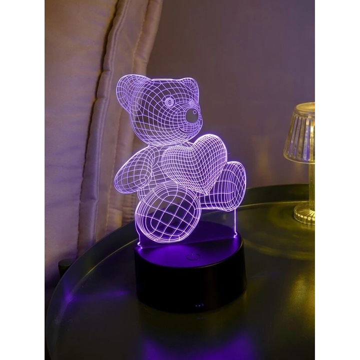Lampa 3d multicolora Ursulet si Inima, cadou Valentine's Day, baza cu ...