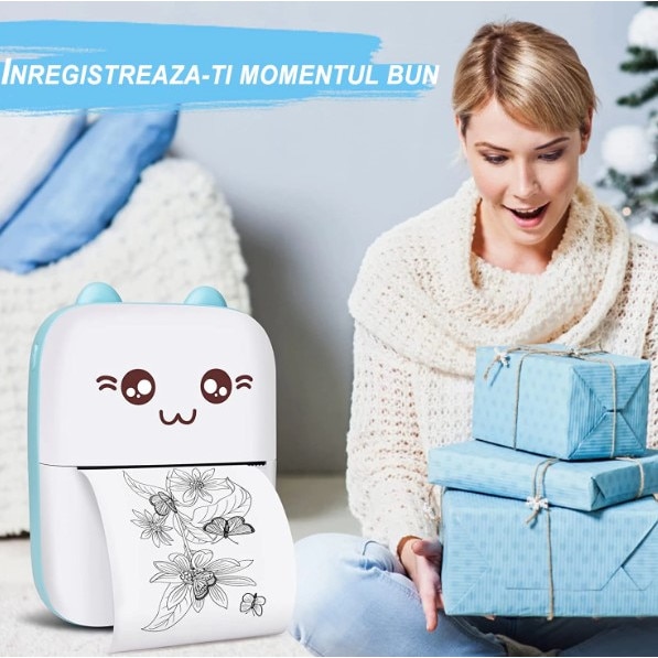 Set Mini imprimanta termica si 10 role hartie 57x25mm, Bluetooth ...