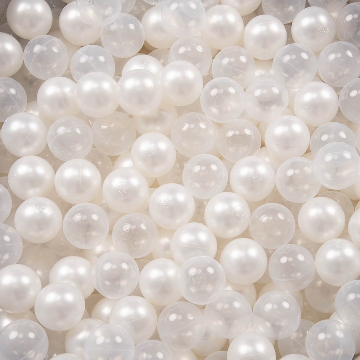 Set 200 de bile de joaca, KiddyMoon, Plastic, 6 cm, Transparent/Perla ...