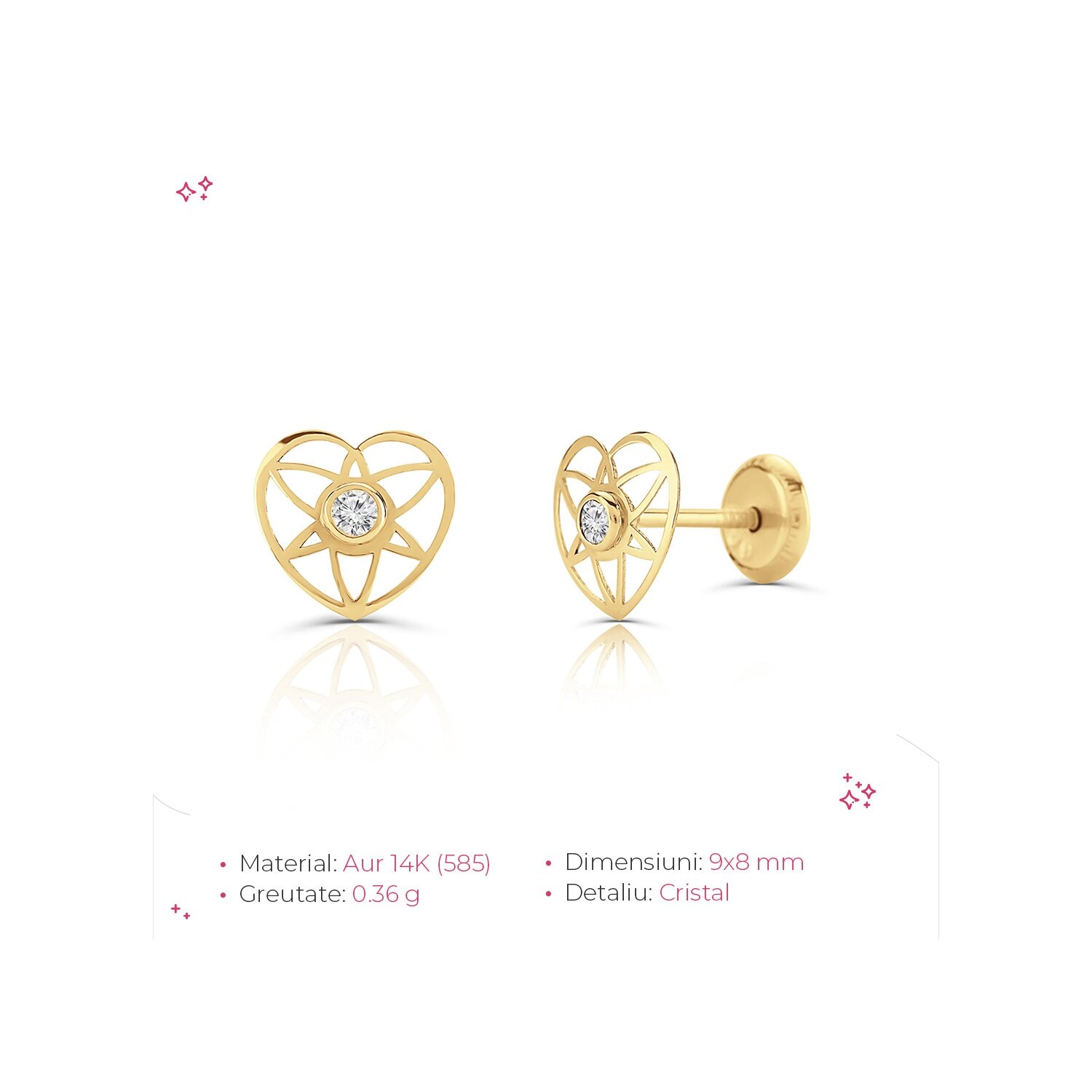 Cercei aur 14K pentru copii contur inima si cristale - eMAG.ro