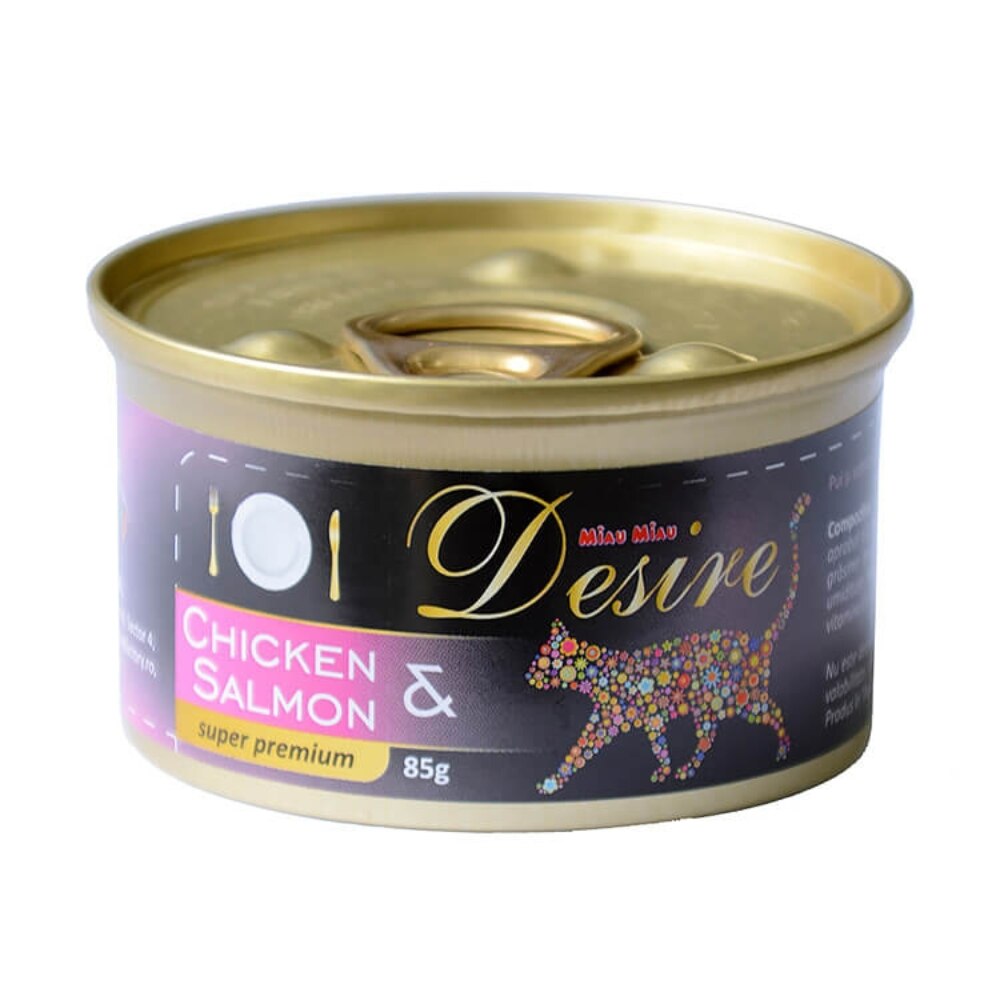Conserva pentru Pisici Desire cu Pui File si Somon, 85 g - eMAG.ro