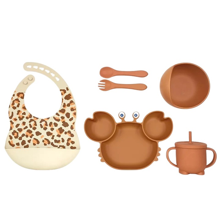 Set hranire bebe, fara BPA, 7 piese din silicon, cu ventuza, 1 farfurie cu 3 compartimente, 1 ...