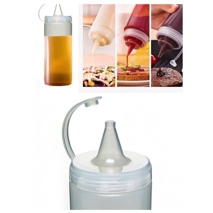 Set 4 dozatoare transparente, cu capac si dop, Syamag, pentru sosuri ...