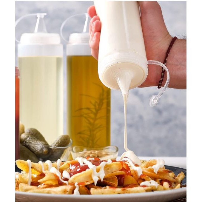 Set 4 dozatoare transparente, cu capac si dop, Syamag, pentru sosuri ...