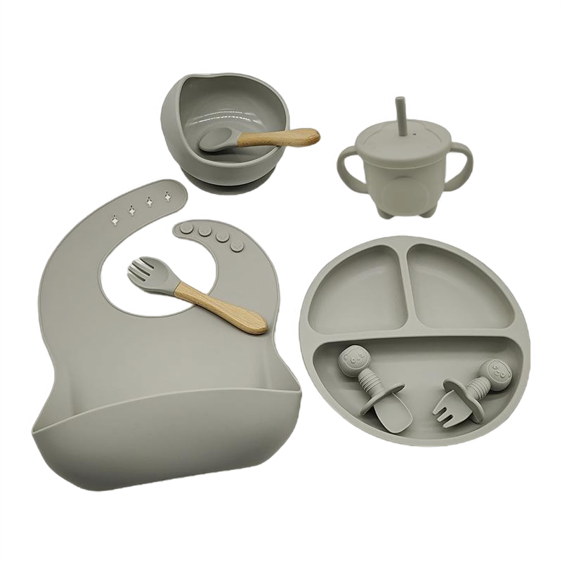 Set Diversificare Bebe din Silicon, 8 Piese, Baveta, Farfurie, Bol, Lingurita, Furculita si Cana ...