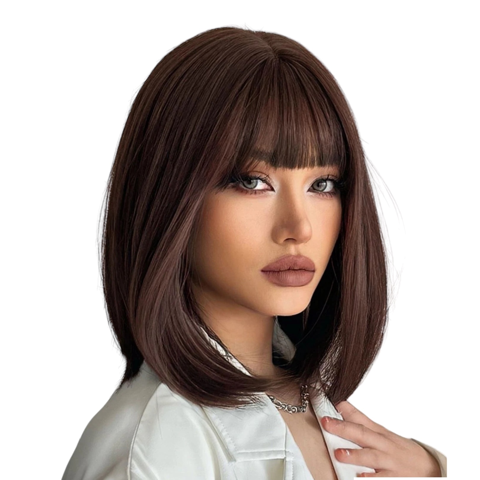 Peruca pentru femei, par scurt drept cu breton, culoarea castaniu ...