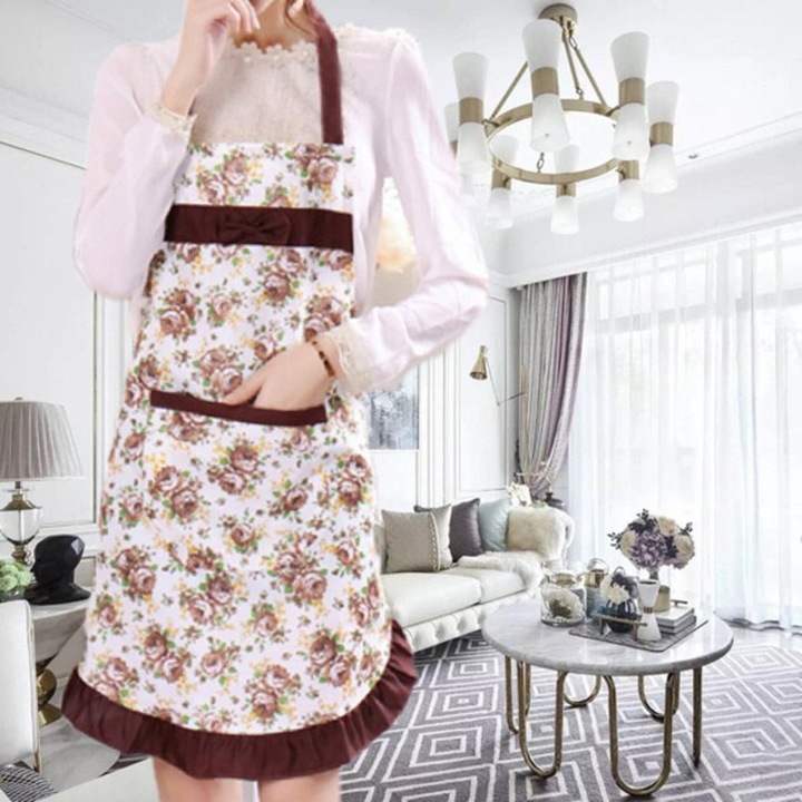 Sort de bucatarie, cu buzunare, model flori, 75x68 cm, maro - eMAG.ro