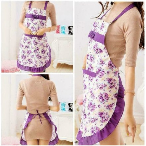 Sort de bucatarie, cu buzunare, model flori, 75x68 cm, mov - eMAG.ro