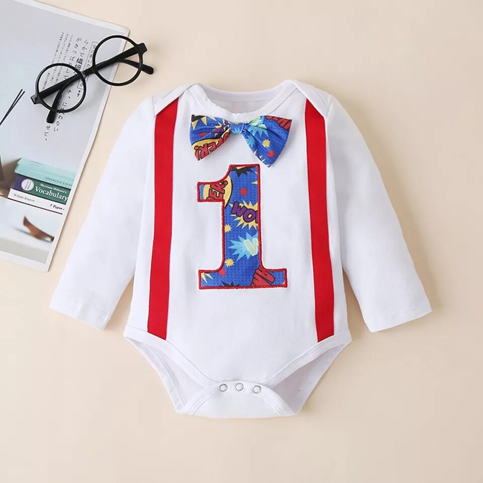 Set aniversar 1 an, body alb maneca lunga, pantaloni albastri cu ...