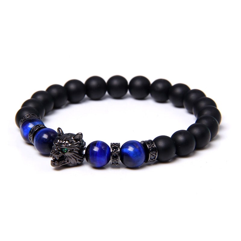 Bratara barbati, creata manual, pandantiv cap de lup, albastru inchis ...