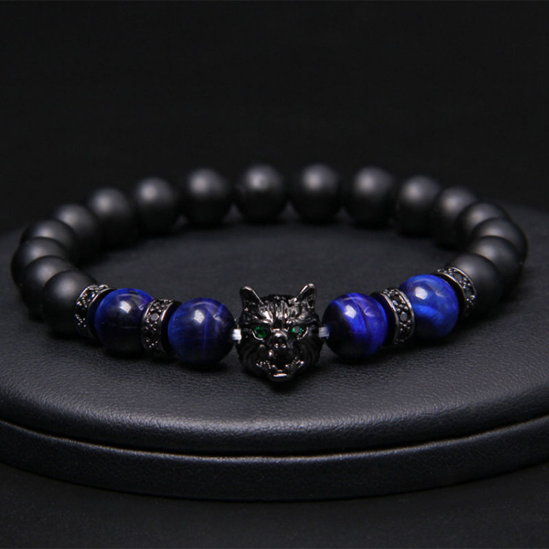 Bratara barbati, creata manual, pandantiv cap de lup, albastru inchis ...
