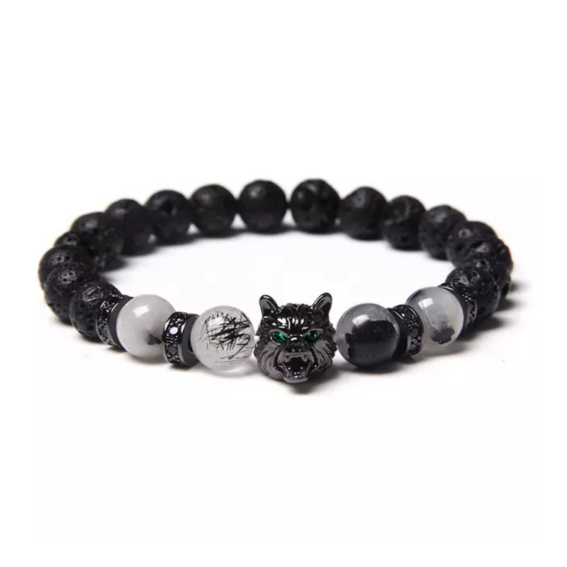 Bratara barbati, creata manual, pandantiv cap de lup, gri deschis ...