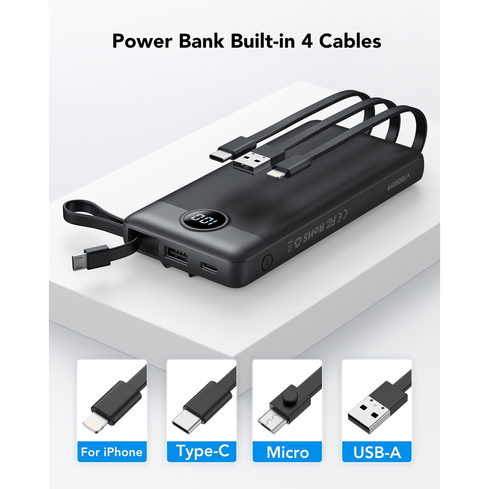 Acumulator extern Veger C10, 10 000mAh, Fast Charger, 4 cabluri ...