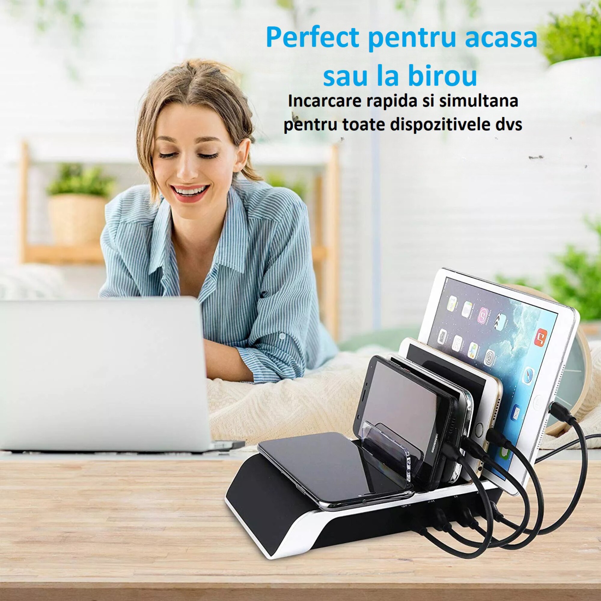Statie incarcare USB 5 in 1, Incarcator Wireless QI, pentru 5 ...