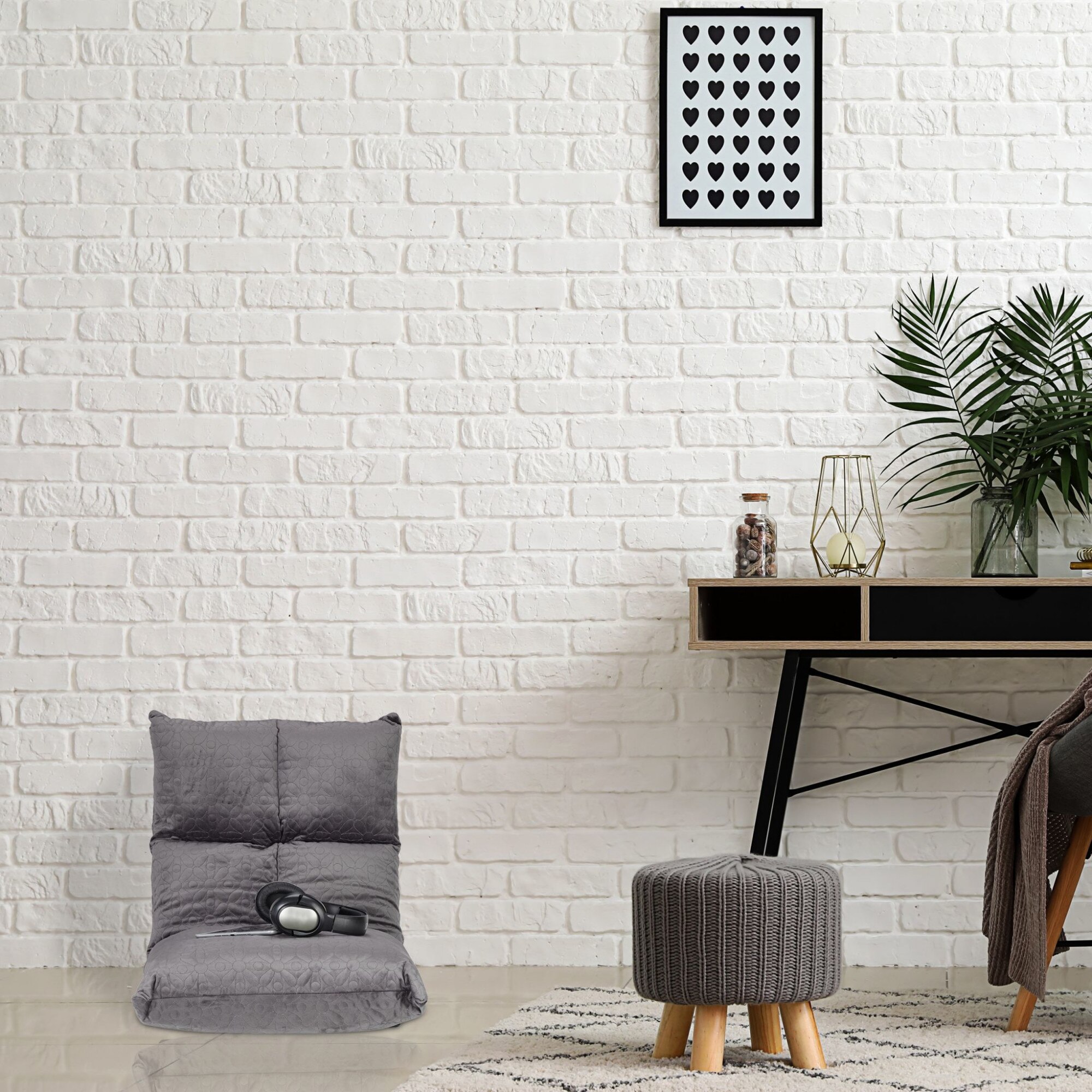 Fotoliu de podea Relaxdays, cu spatar reglabil, gri, din MDF si spuma ...