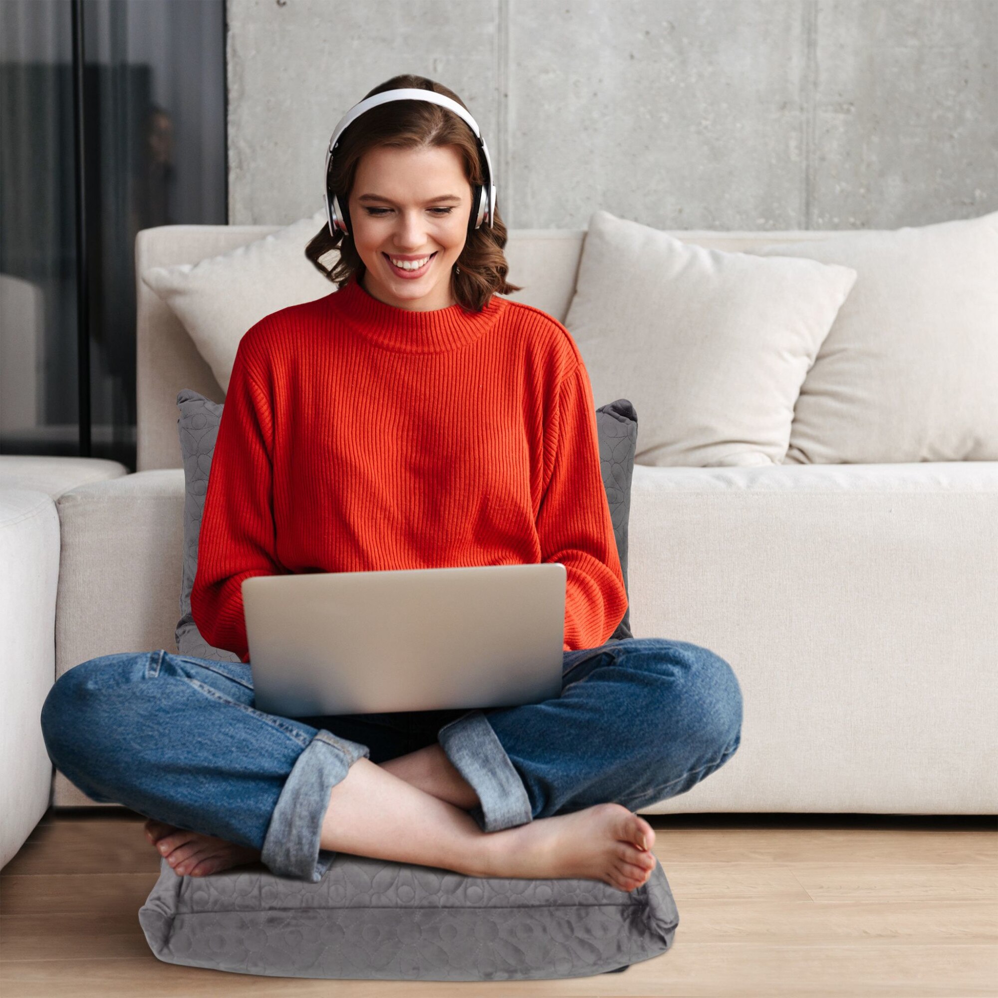 Fotoliu de podea Relaxdays, cu spatar reglabil, gri, din MDF si spuma ...