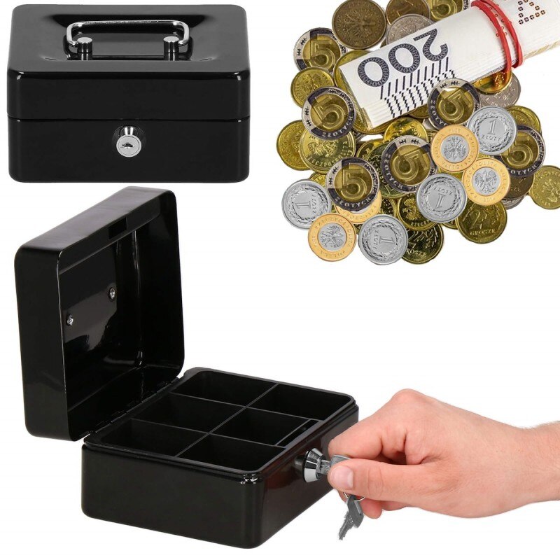 Caseta pentru bani, Metal/Plastic, Cu cheie, 15 x 12 x 8 cm, Negru ...