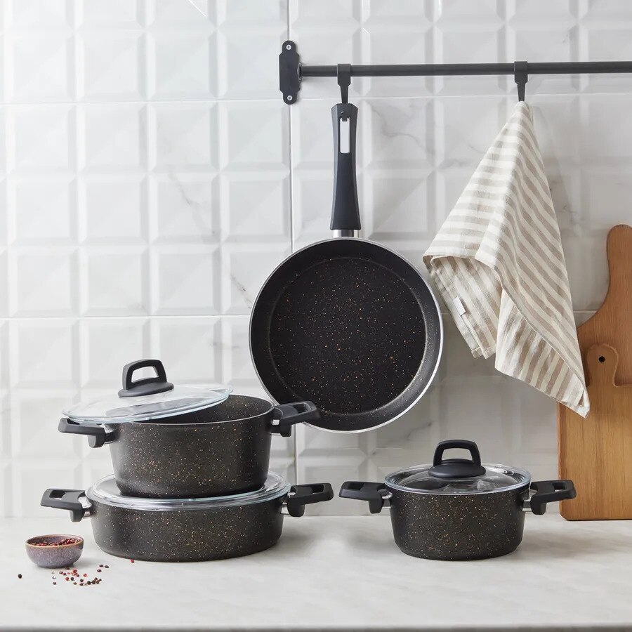 Set 7 cratite Blackgold, Karaca, 18/22/26 cm, 2/3.5/3 L, Granit, Negru ...