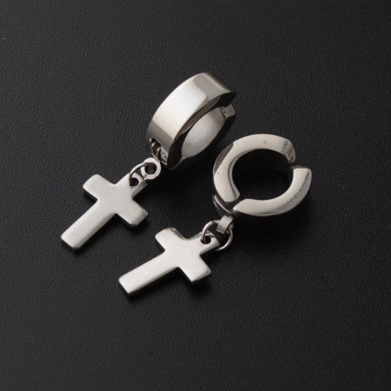 Cercei barbati, cu clips, model cruce, argintii, EFAYN - eMAG.ro
