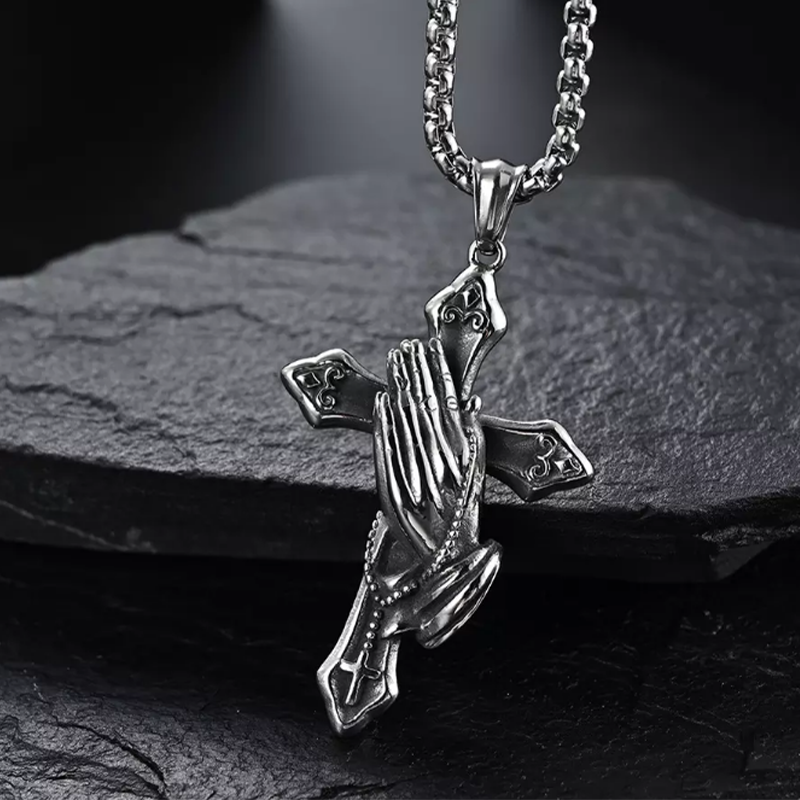 Lant cu pandantiv cruce, model rugaciune, unisex, argintiu, EFAYN - eMAG.ro