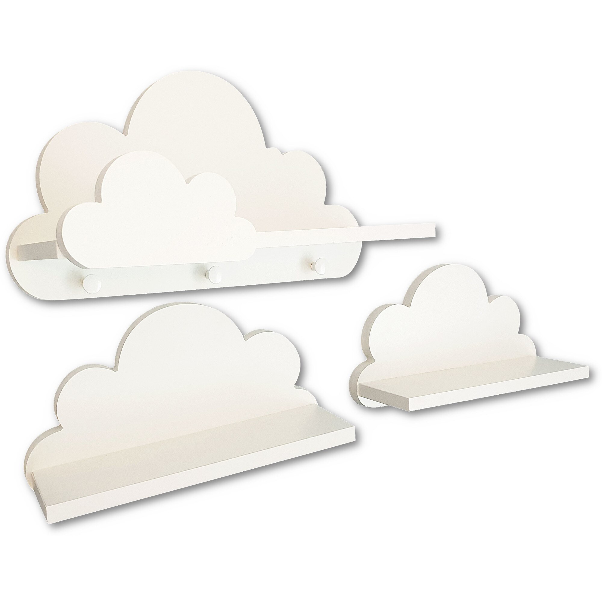 Set 3 rafturi cu 3 agatatoare, DODfactory, MDF, Forma de nori, Alb ...