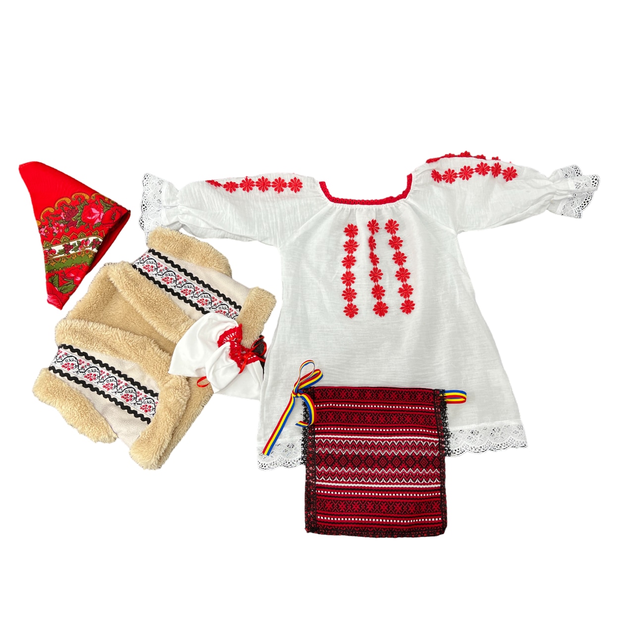 Costum traditional fetite cu cojoc, broderie alb/rosu, 9-12 LUNI, 5 ...