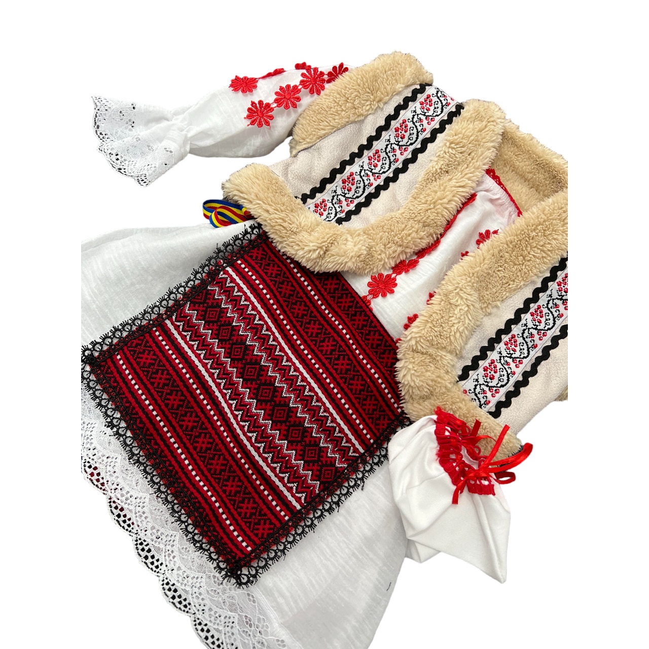 Costum traditional fetite cu cojoc, broderie alb/rosu, 6-9 LUNI, 5 ...