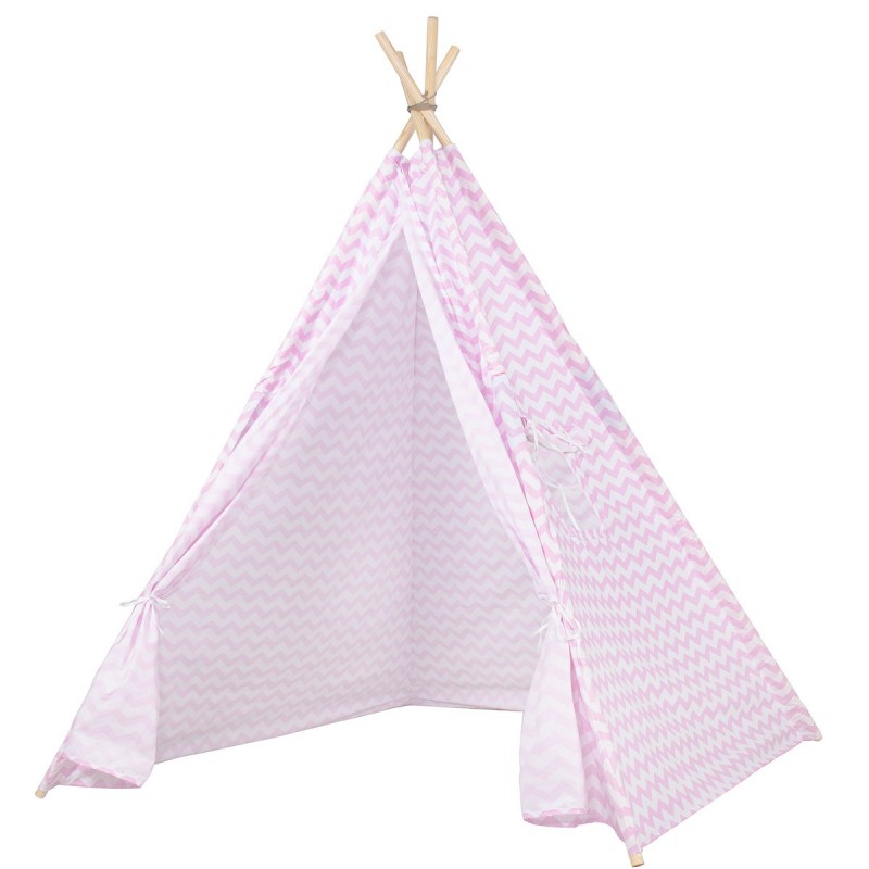 Cort pentru copii Teepee, Bumbac/Lemn, Model zig-zag, 180 x 120 x 100 ...