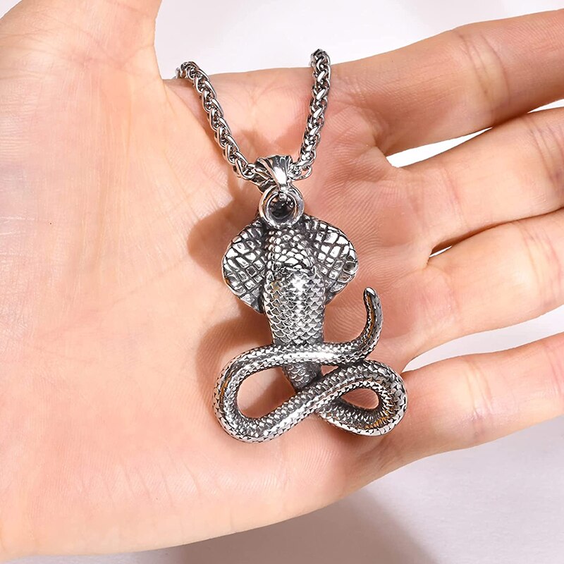 Lant cu pandantiv sarpe, model cobra, M3, unisex, argintiu inchis ...