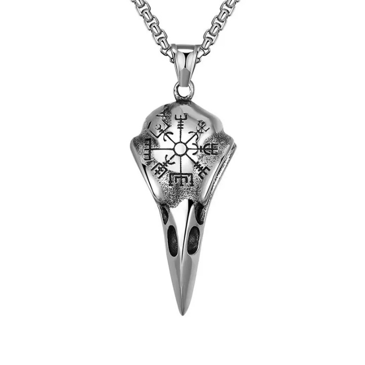 Lant cu pandantiv cap de corb cu rune vikinge, unisex, argintiu, EFAYN ...