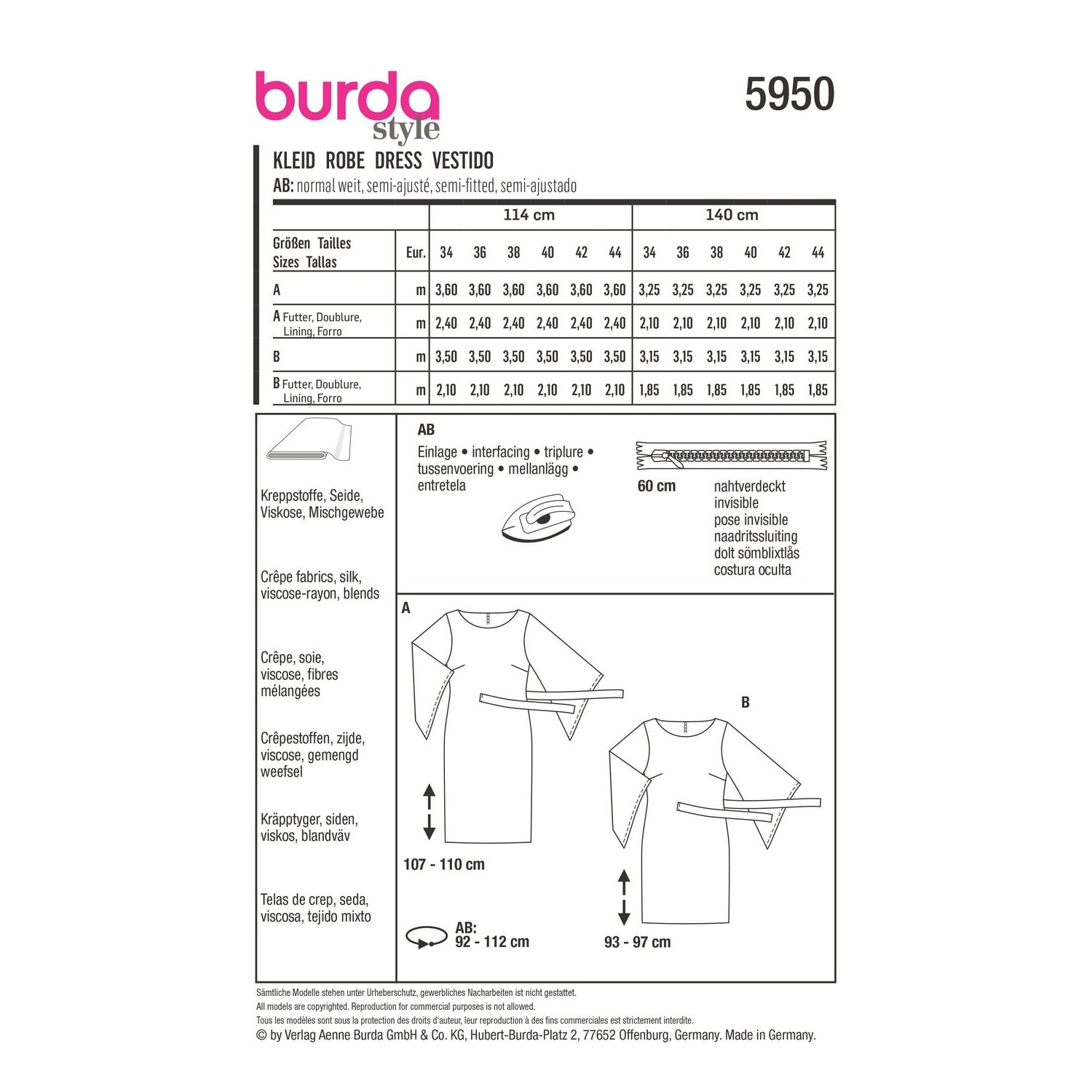 Tipar de croitorie rochie, in 2 variante, multi-masura 34-44, Burda ...