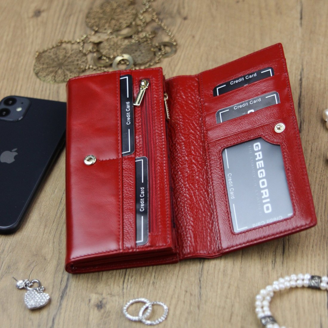 Portofel dama, Gregorio, Piele naturala, Rosu - eMAG.ro