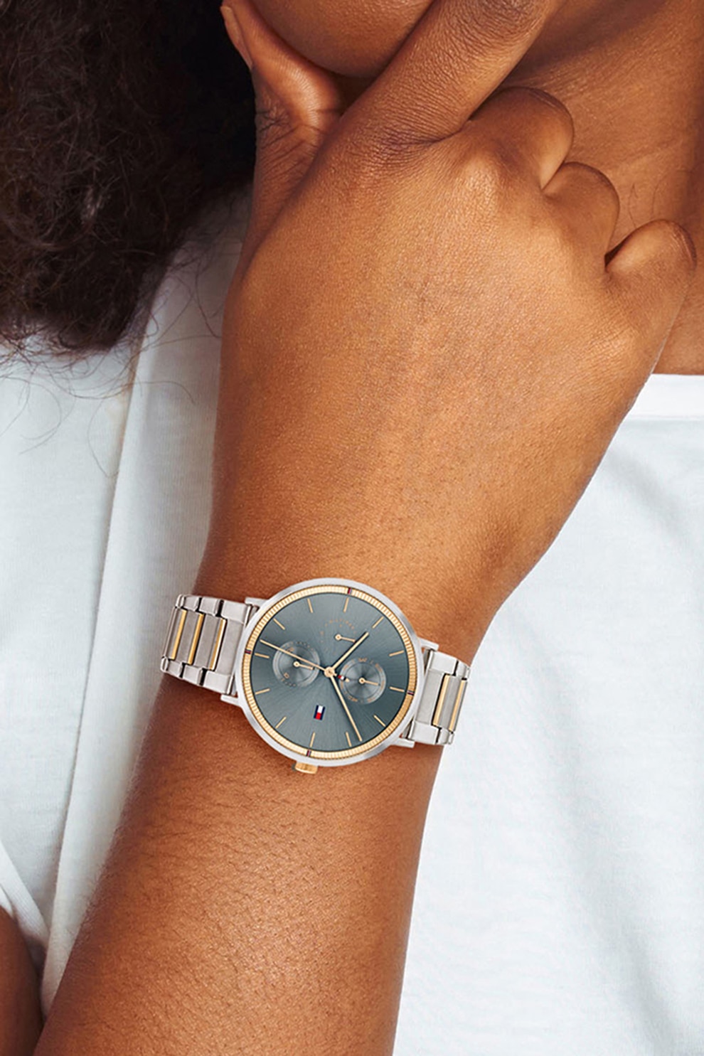 Tommy Hilfiger, Двуцветен мултифункционален часовник, Сребрист, Златист ...