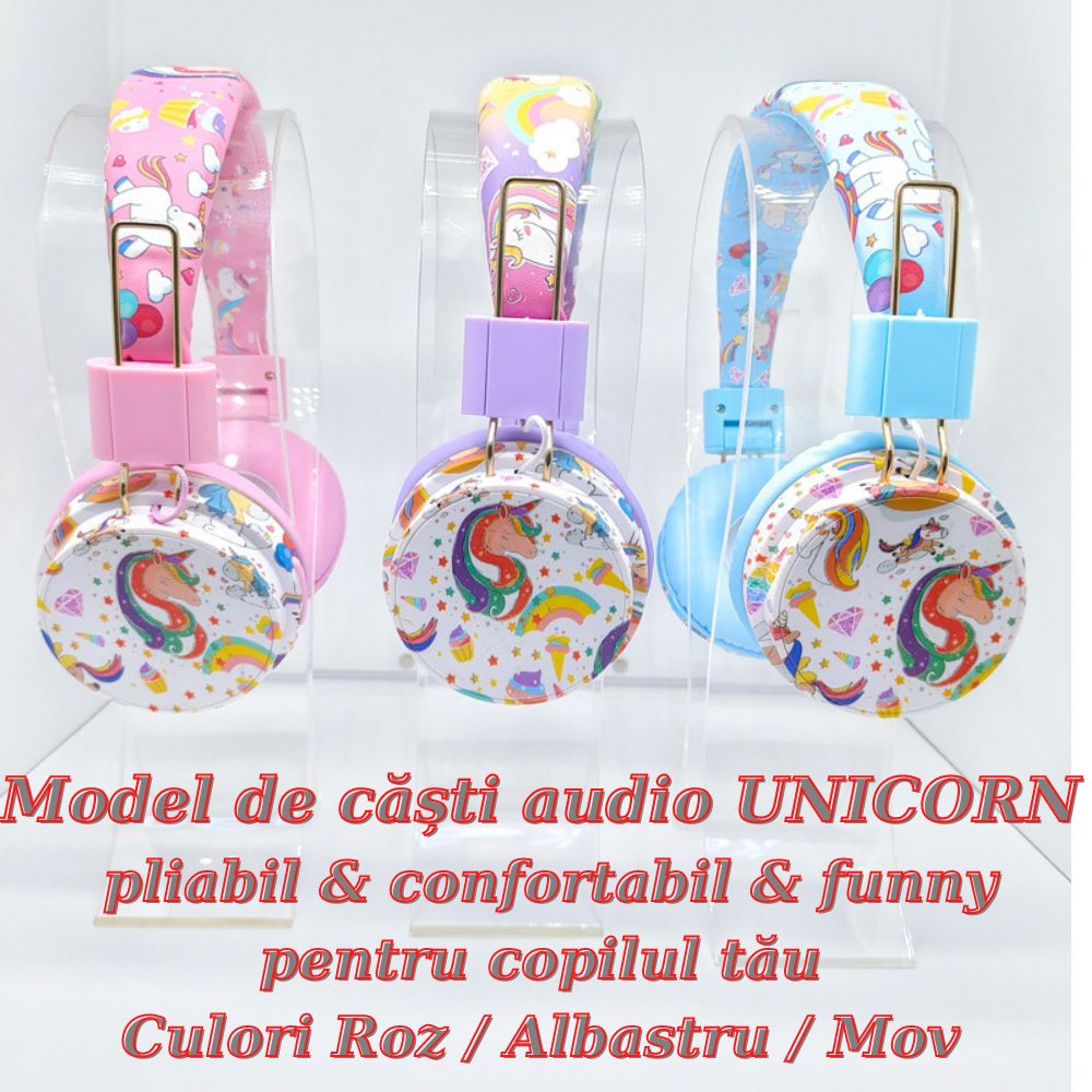 Casti Over Ear pentru copii, Model Unicorn, Wireless, Bluetooth 5.1 ...