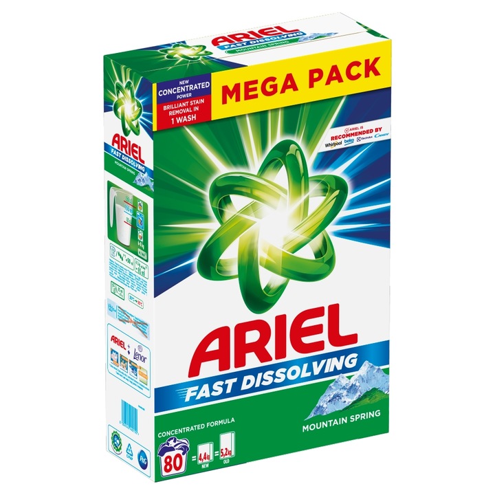 Прах за пране Ariel Mountain Spring, за 80 пранета, 4,4 кг - eMAG.bg
