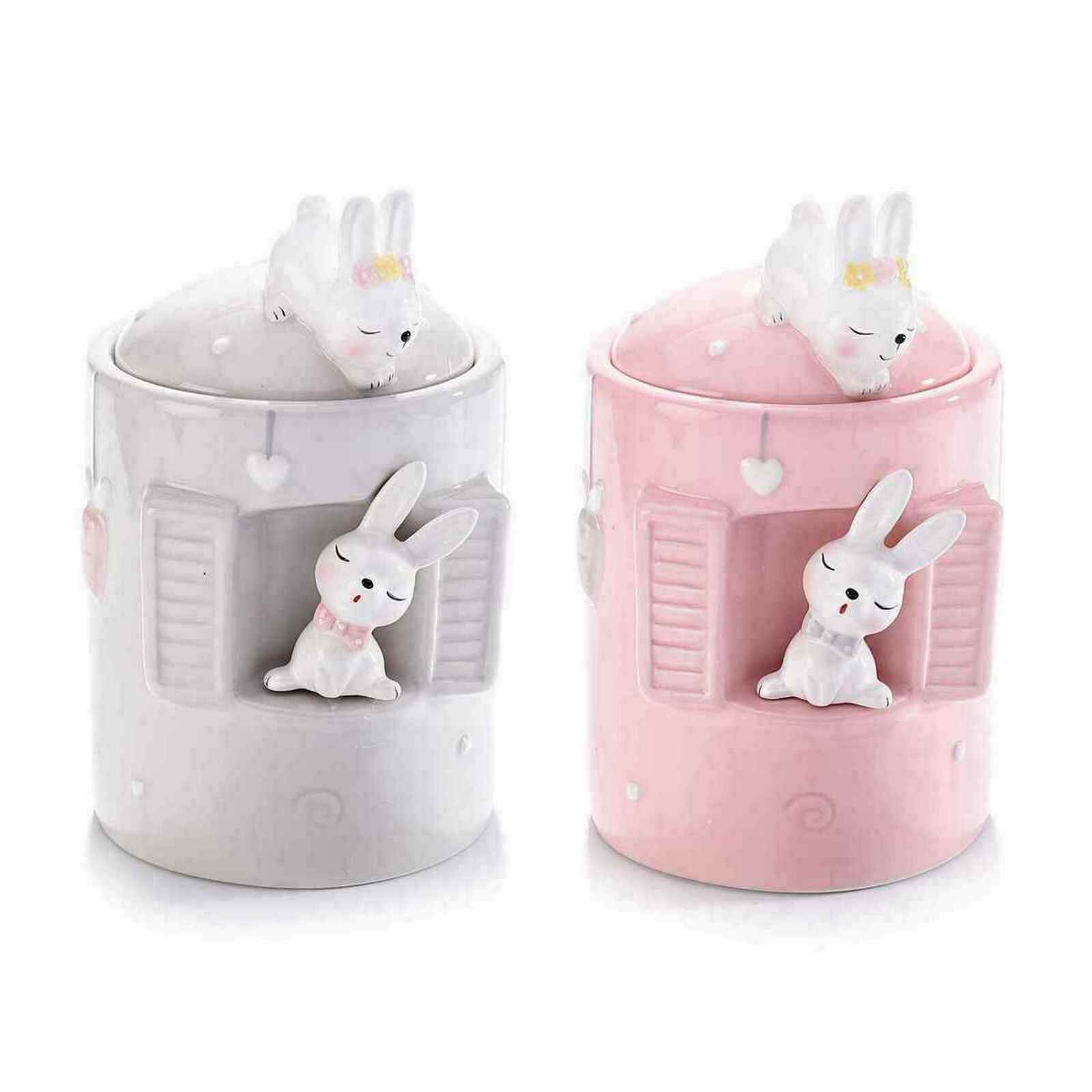 Set 2 borcane decorative din ceramica roz gri model Iepurasi 10x17 cm ...