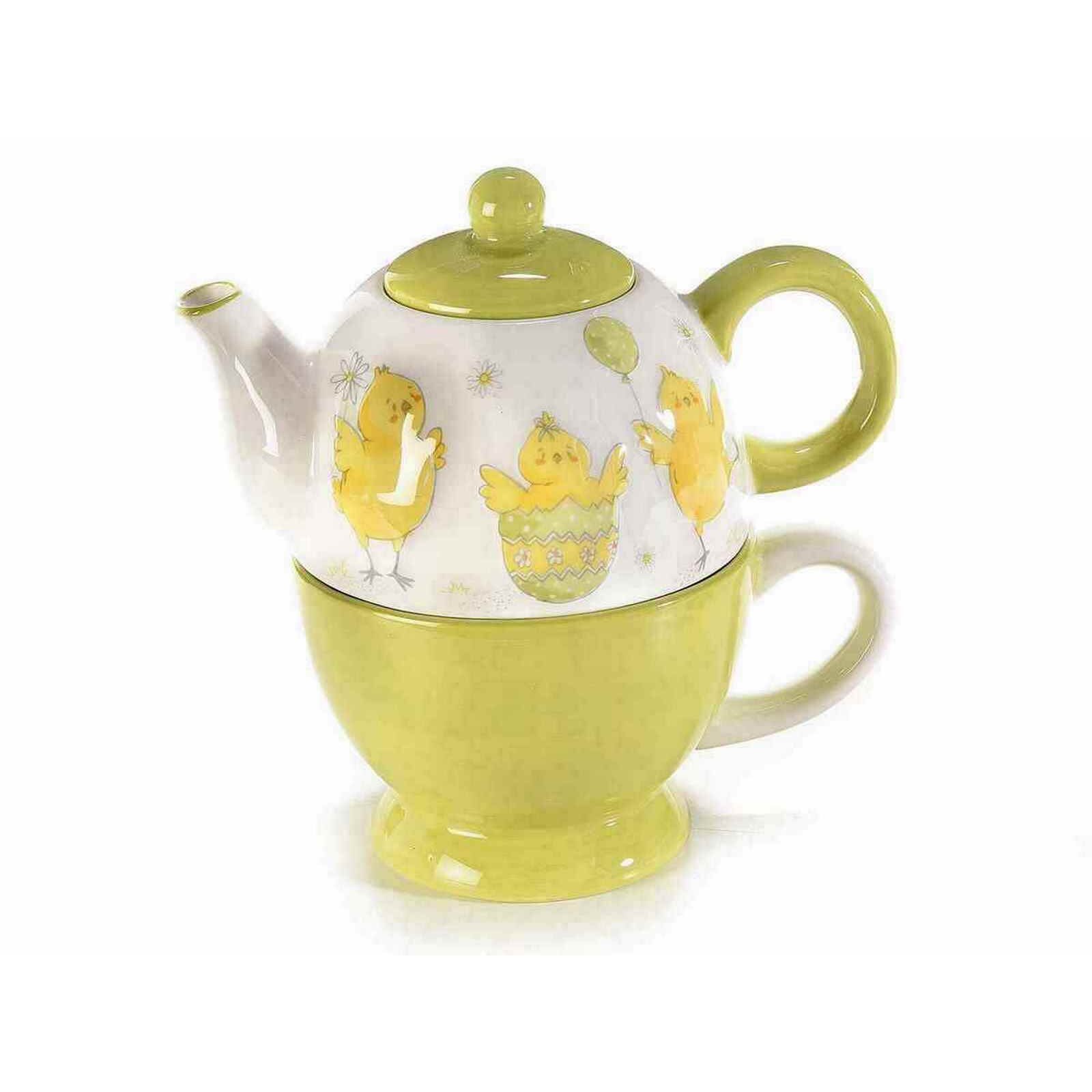 Set ceainic cu ceasca din ceramica alba verde model Puisori 17x11x17 cm ...