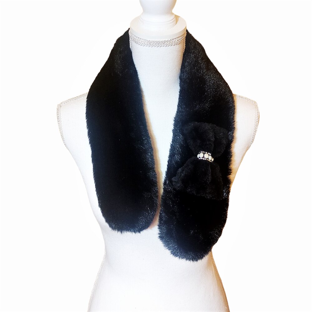 Fular dama cu fundita, din blanita artificiala, negru, 85 x 10 cm - eMAG.ro