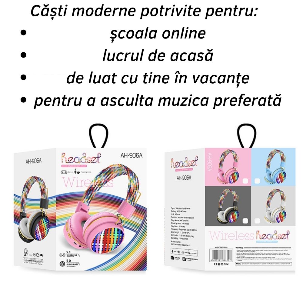 Casti Over Ear pentru copii, Model New Rainbow, Wireless, Bluetooth 5.1 ...