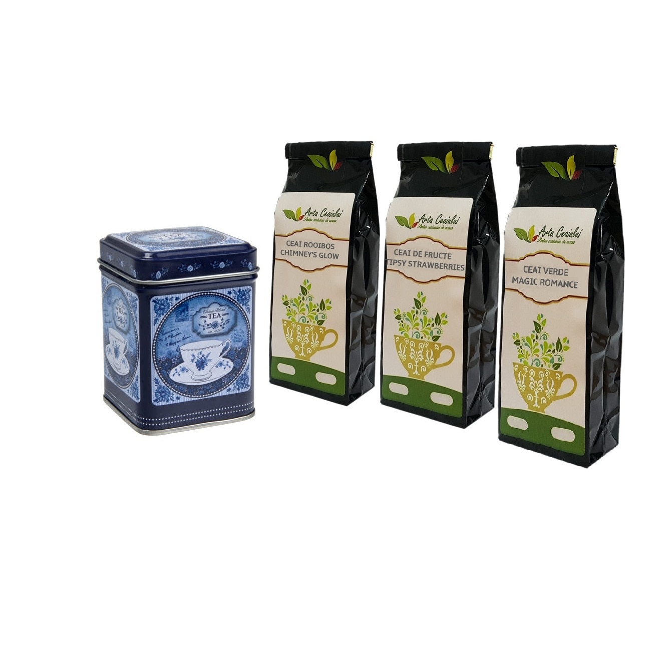 Set cadou cu 3 ceaiuri si cutie ceai, Romantic Infusion, Arta Ceaiului ...