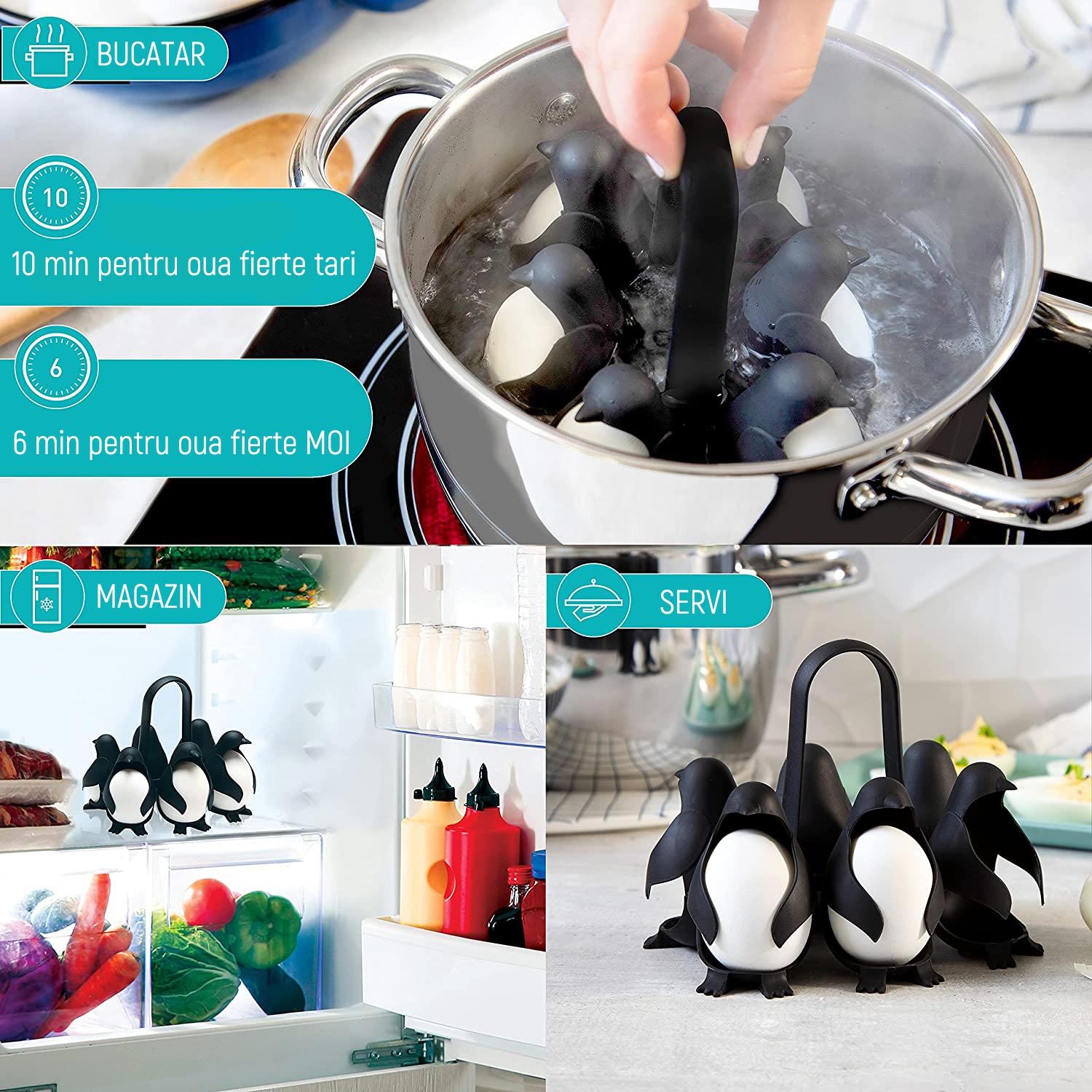 Suport pentru fierbere/depozitare oua, Pinguini, Amtok, Negru - eMAG.ro