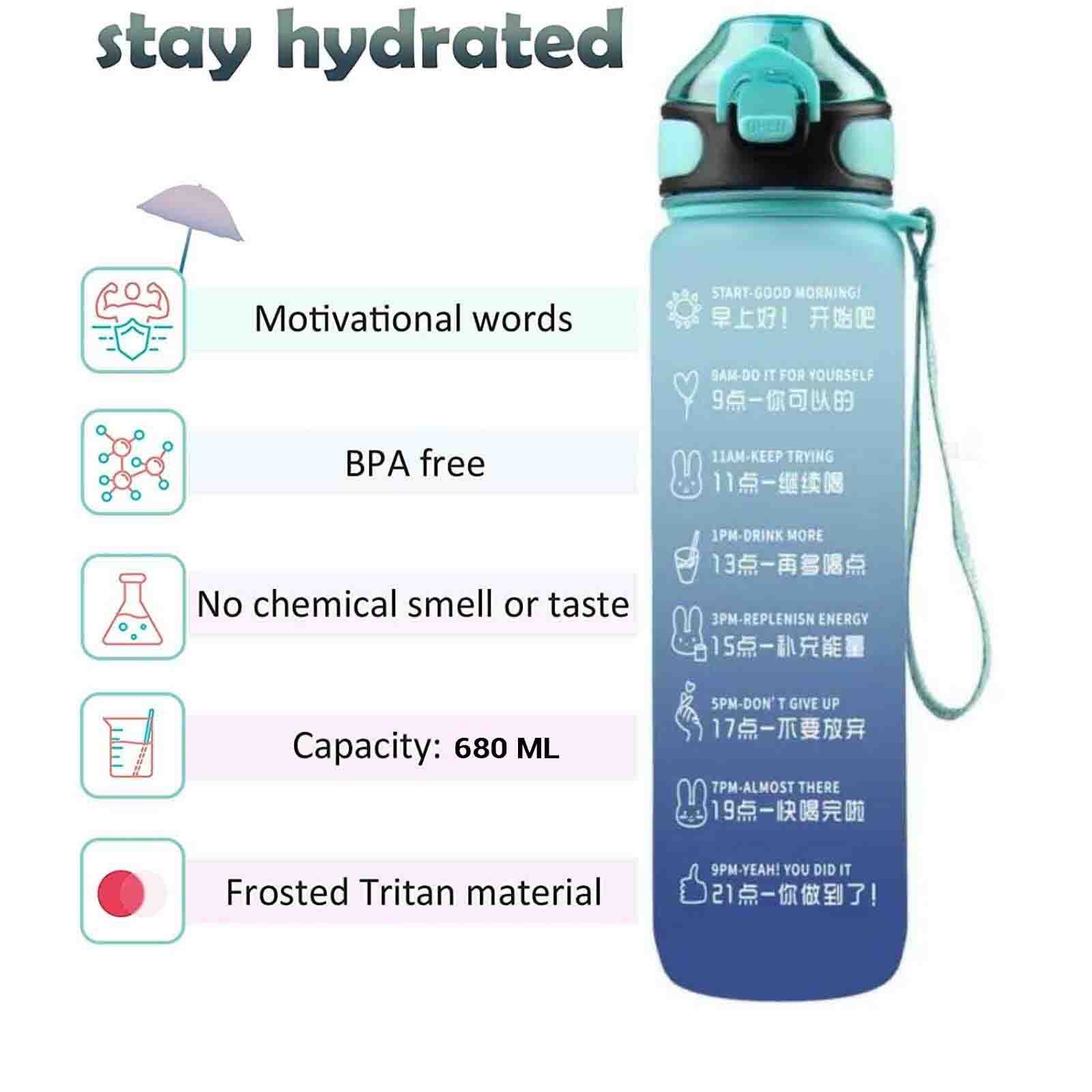 Sticla de apa motivationala, 680 ml, pai incorporat si deschidere ...