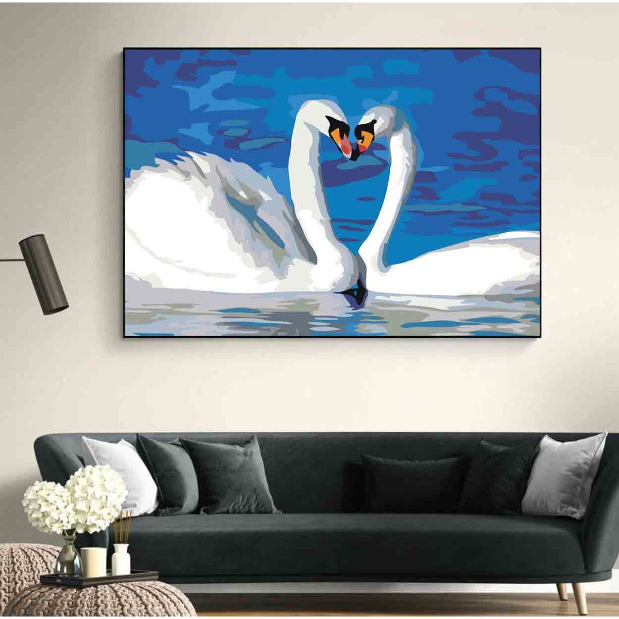 Set pictura pe numere Lebede 3264, panza bumbac pe rama lemn, 40x50 cm ...