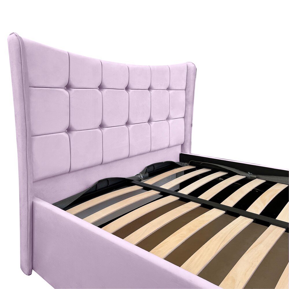 Pat tapitat Happy, cu spatiu de depozitare si somiera rabatabila, roz ...