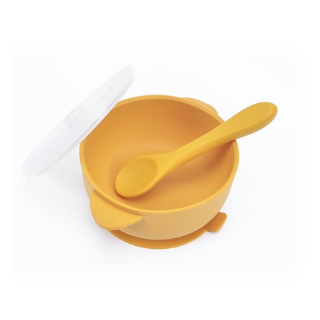 Bol destinat hranirii bebelusilor, confectionat din silicon, cu lingurita, capac si ventuza ...