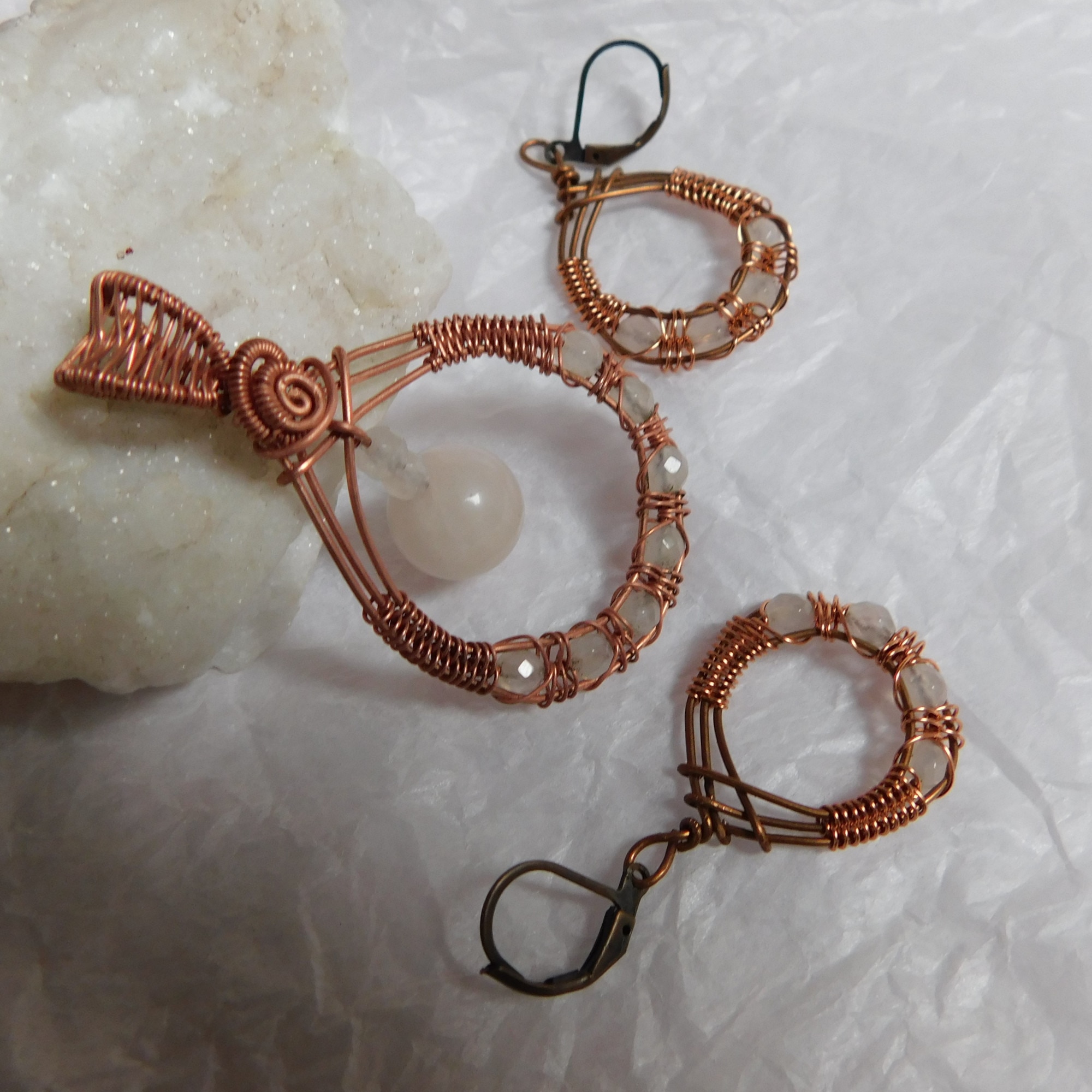 Set pandantiv si cercei din cupru, fishtail cu cuart roz - eMAG.ro