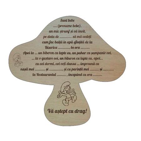 Invitatie botez, Strumf, Lemn, 12×11 cm, Model ILB009 - eMAG.ro