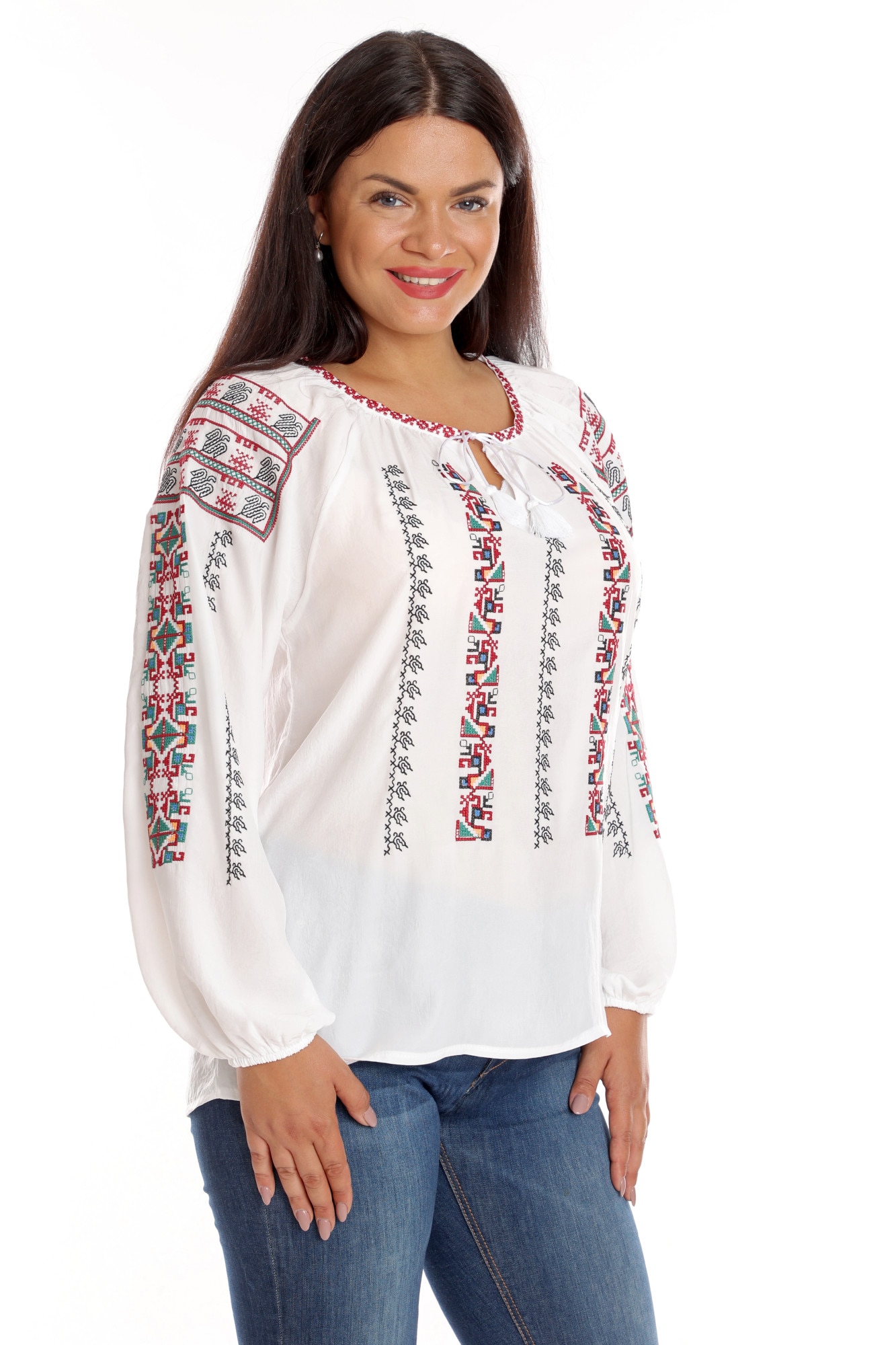 Ie traditionala romaneasca, imitatie matase, alba, broderie colorata ...