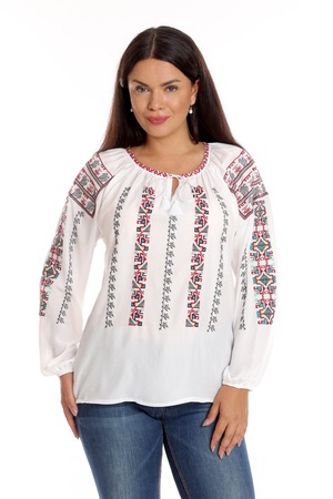 Ie traditionala romaneasca, imitatie matase, alba, broderie colorata ...