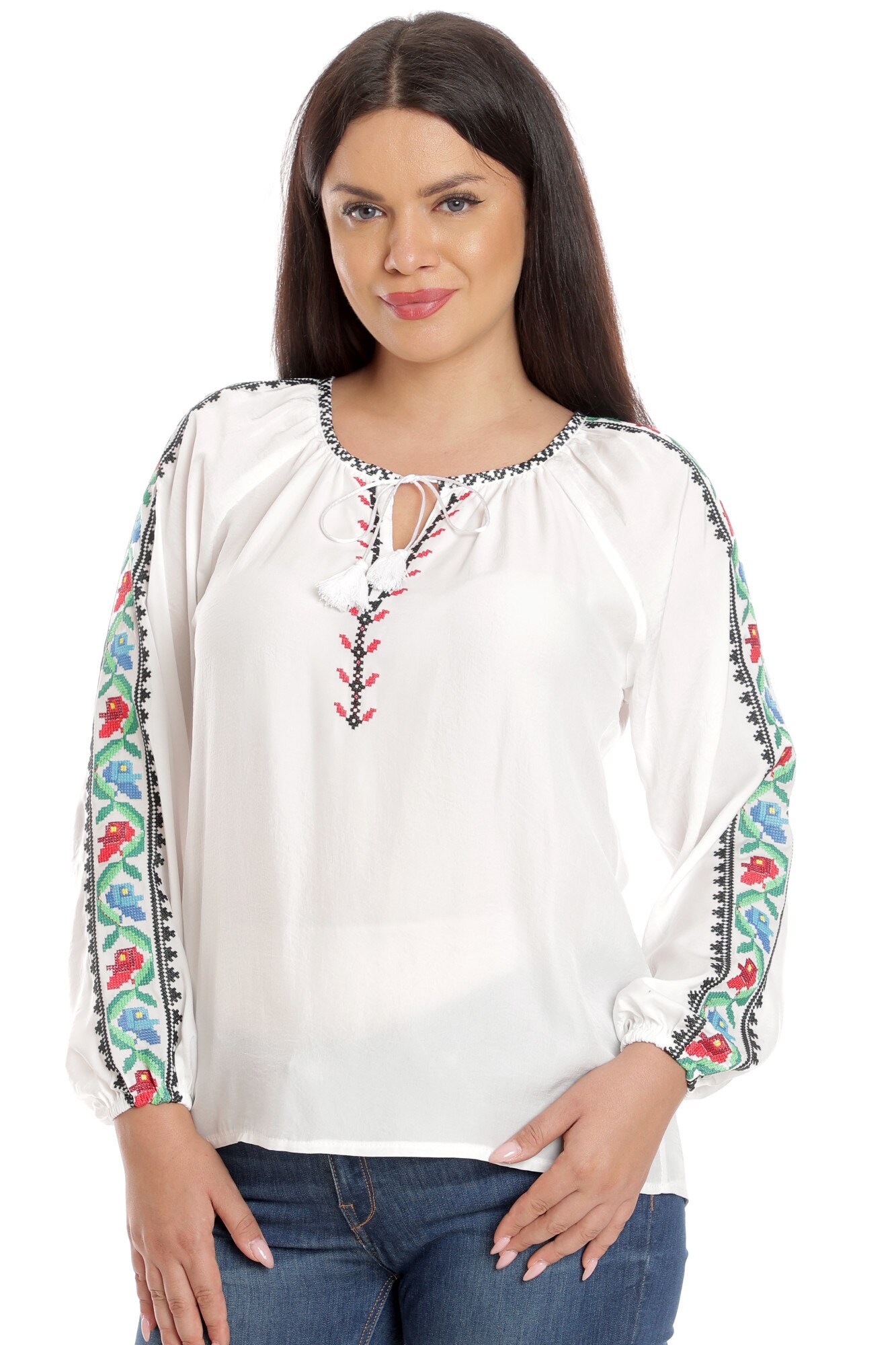 Ie traditionala romaneasca, imitatie matase, alba, broderie florala ...